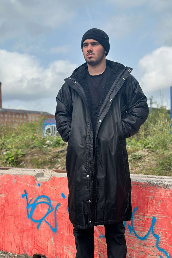Mens Football Waterproof Longline Coat - Stay Dry Storm Edition all Bl