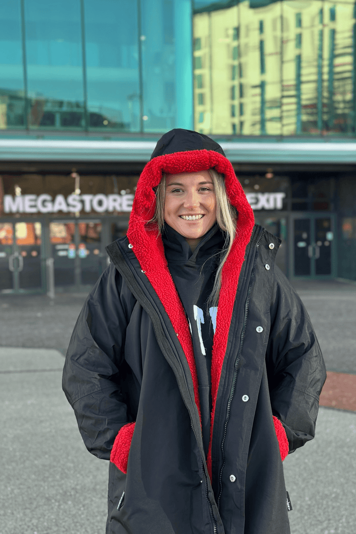 Womens waterproof Football Coat- Longline Rivalry Red Fleece